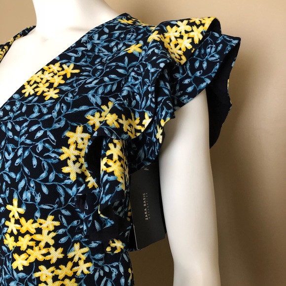 Zara | Dresses | Zara Blue And Yellow Floral Ruffle Sleeve Dress | Poshmark